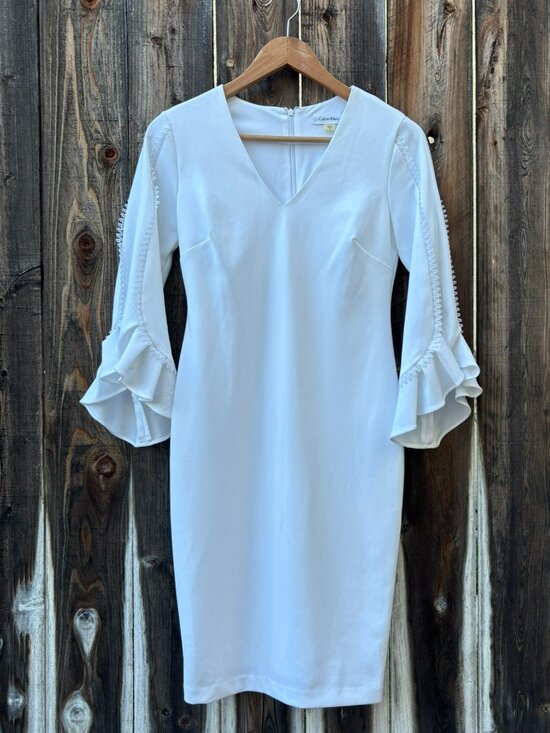 Calvin Klein | Dresses | Calvin Klein White V Neck Sheath Dress Bell ...